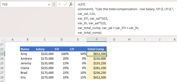 Excel's Let() function